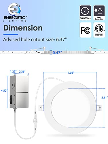 12 Pack 5CCT Ultra-Thin LED Recessed Lighting 6 Inch, Downlight with Junction Box, 2700K/3000K/4000K/5000K/6500K Selectable, 12W 110W Eqv, Dimmable Wafer Lights, 1050LM Canless LED Recessed Light, ETL