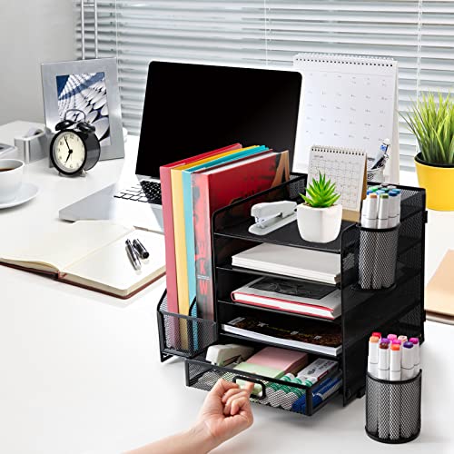 5 Tier Desk Organizer with Vertical File Racks, Paper Letter Tray with Drawer and 2 Pen Holder for Office and School Supplies, File Organizer for Desk, Mesh Desktop Organizer for Office, School, Home