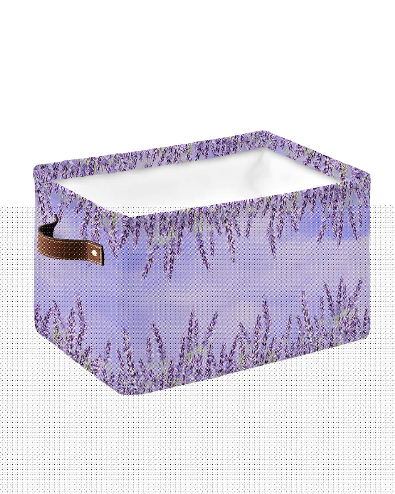 1 Pack Lavender Flower Cube Storage Organizer Bins with Handles,Collapsible Canvas Cloth Fabric Storage Basket,Ombre Purple Spring Watercolor Books Kids' Toys Bin Boxes for Shelves,Closet
