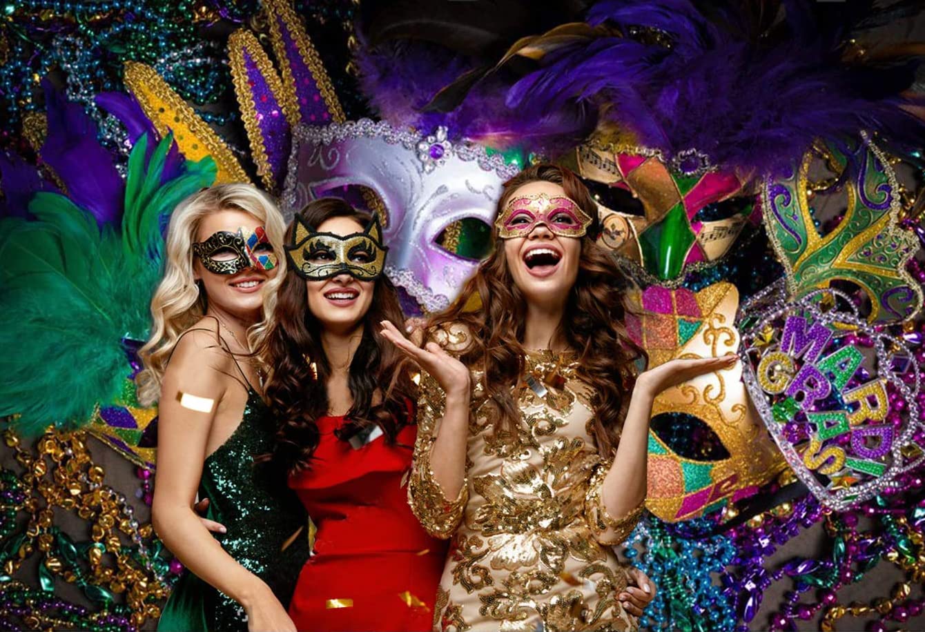 10X8FT Mardi Gras Theme Photography Backdrop Masquerade Backgrounds Birthday Dancing Party Photo Booth for Wedding Bachelorette Party Decorations Banner