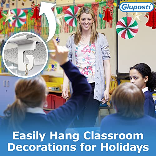 12 Folding Drop Ceiling Hooks for Classrooms & Offices, White Heavy Duty Ceiling Hooks for Hanging Plants & Decorations, Metal T-Bar Hooks for Suspended Drop Ceiling Tiles, Holds 15lbs, 1" W x 1½" H