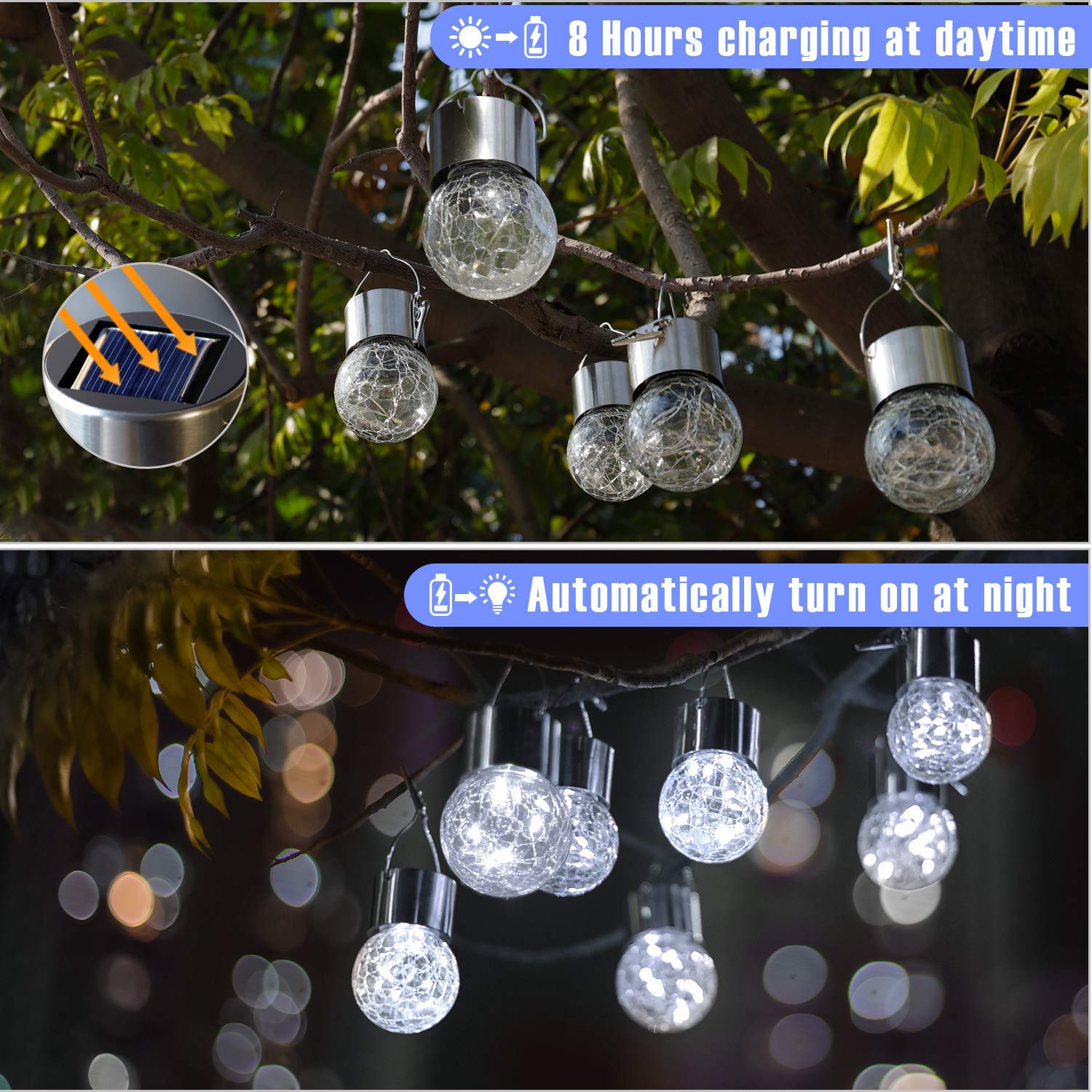 10-Pack Hanging Solar Lights Outdoor, Solar Powered Cracked Glass Ball Light, Decorative Globe Lighting Outdoor Waterproof with Handle for Garden, Tree, Holiday Decoration, Cool White