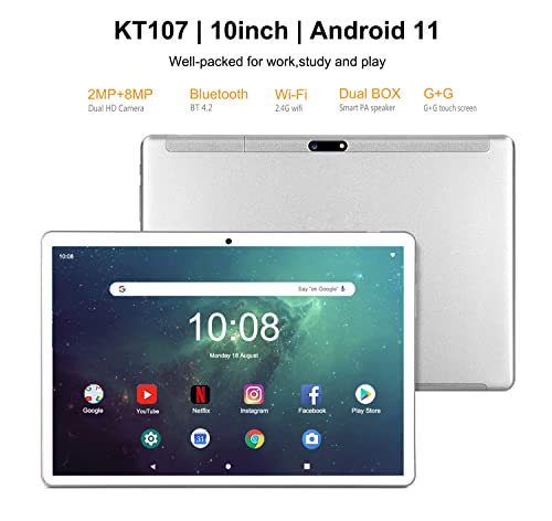 10 Inch Android 11 Tablet pc, 4 RAM 64GB ROM 128GB Expand, IPS HD,2.5D G+G Touch Screen,Google Certificated Wi-Fi Tablets,5MP Camera,Long Battery Life,Sliver-(Comes with Leather case) Silverā¦