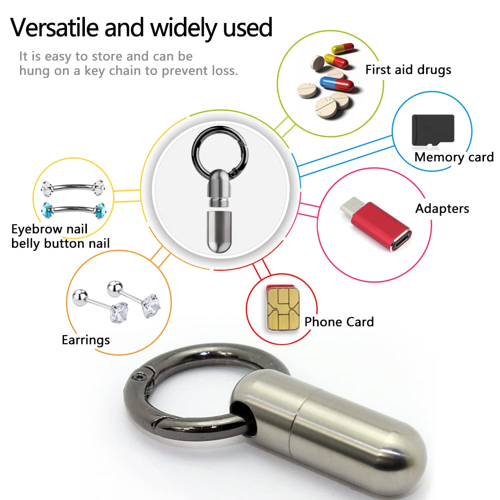 1 Pack Micro Keychain Pill Holder, Portable Mini Size Titanium Alloy Pill Box Case, Waterproof & Lightweight Keychain Pill Container for Emergency Outdoor Travel Camping