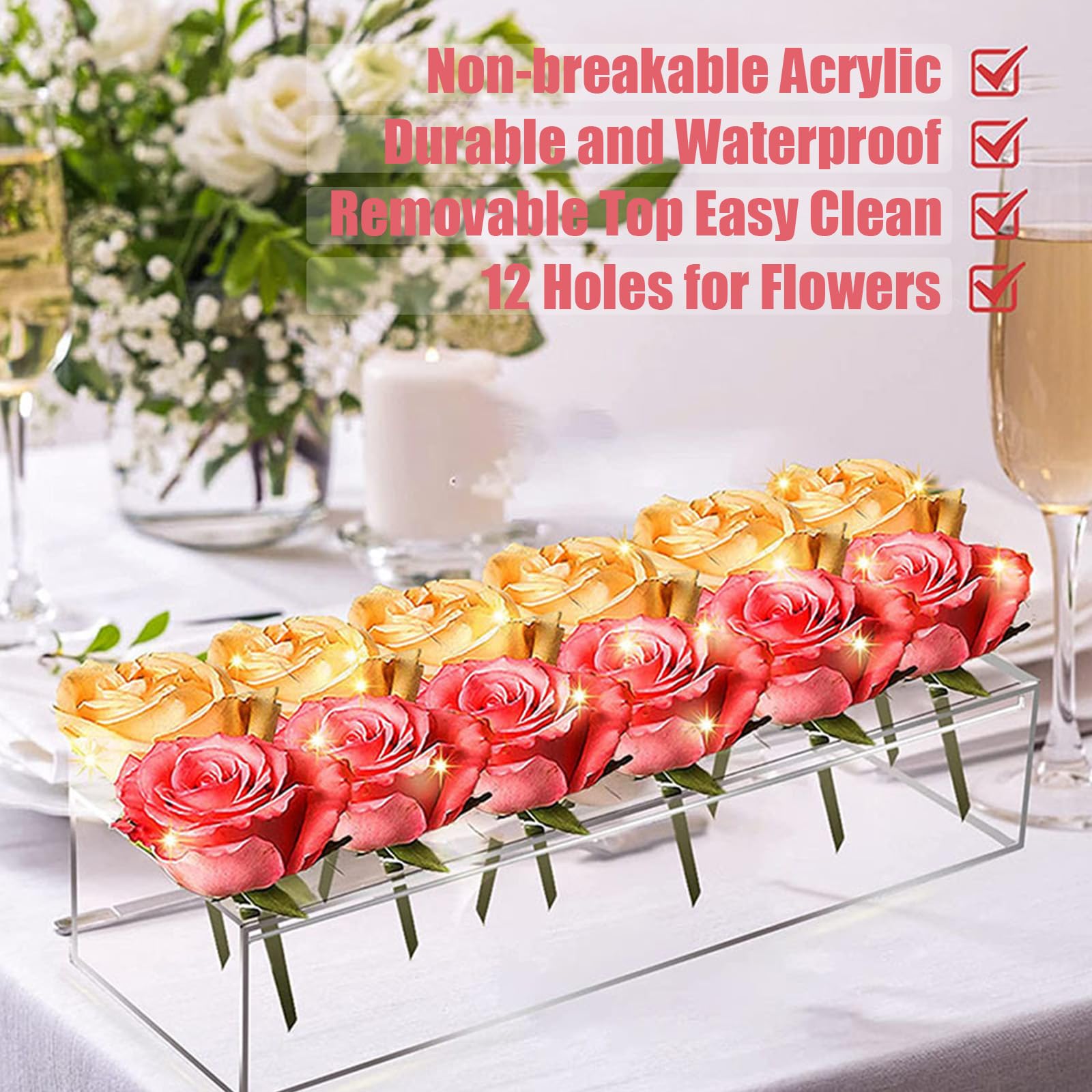 1 Pack Clear Acrylic Flower Vase Rectangular Floral Centerpiece for Dining Table, Home, Weddings Decor, 11.8 Inches Long Acrylic Vase with 12 Holes for Flowers