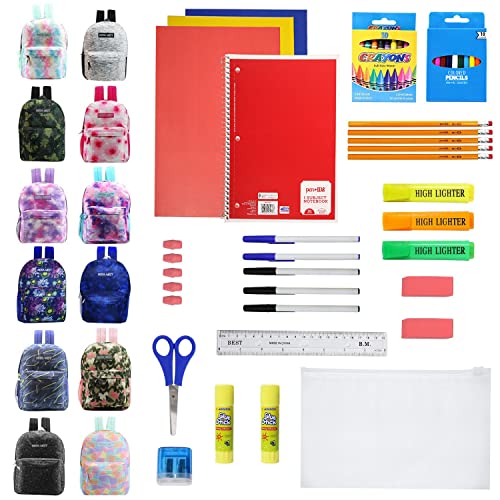 12-Pack 17β Sport Backpacks with 50 Piece School Supplies Kits β Bulk Bundle Essential for Elementary, Middle, and High School Students, 12 Assorted Styles