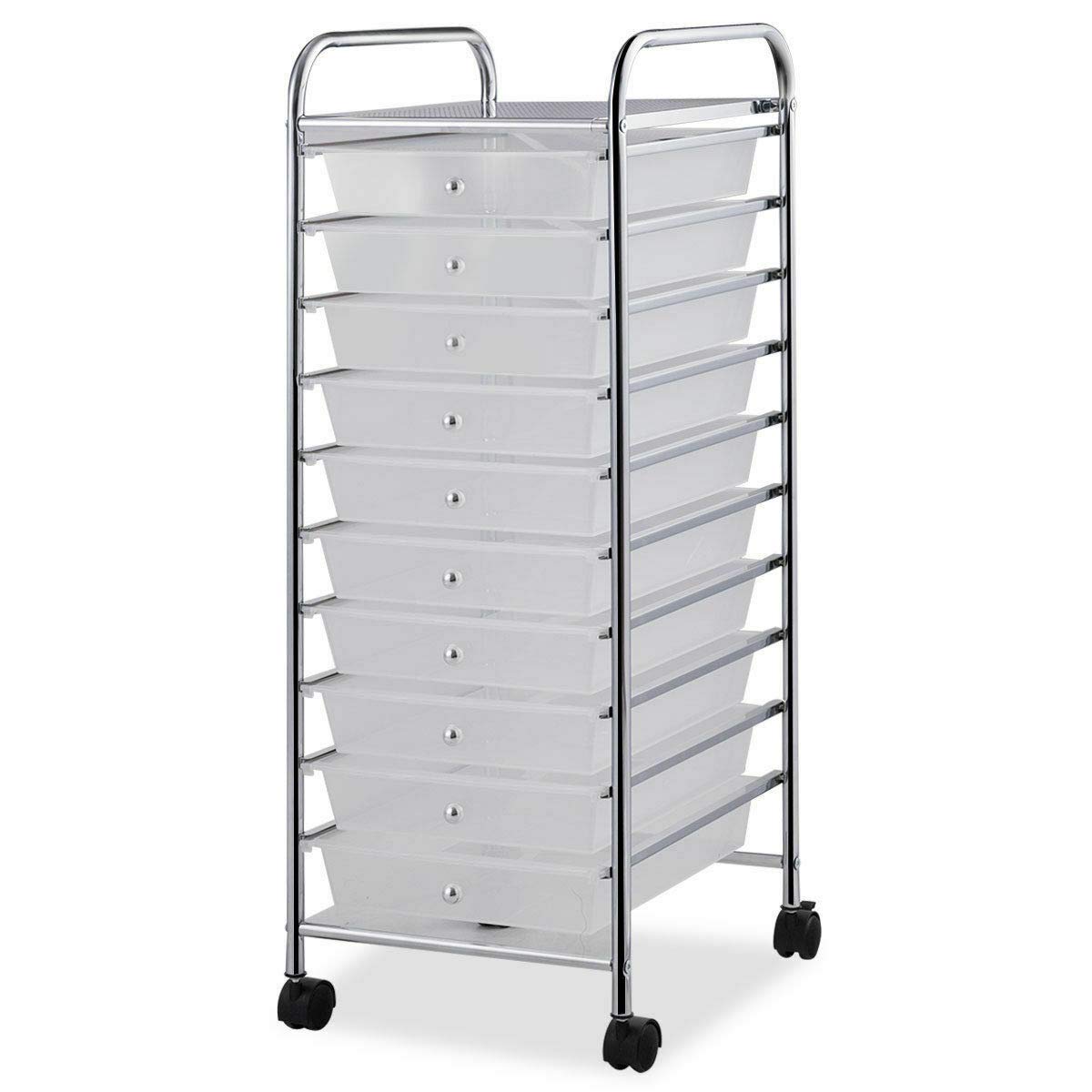 10 Drawer Storage Cart Rolling Cart File Scrapbook Paper Mobile Organizer for School Office (Clear)