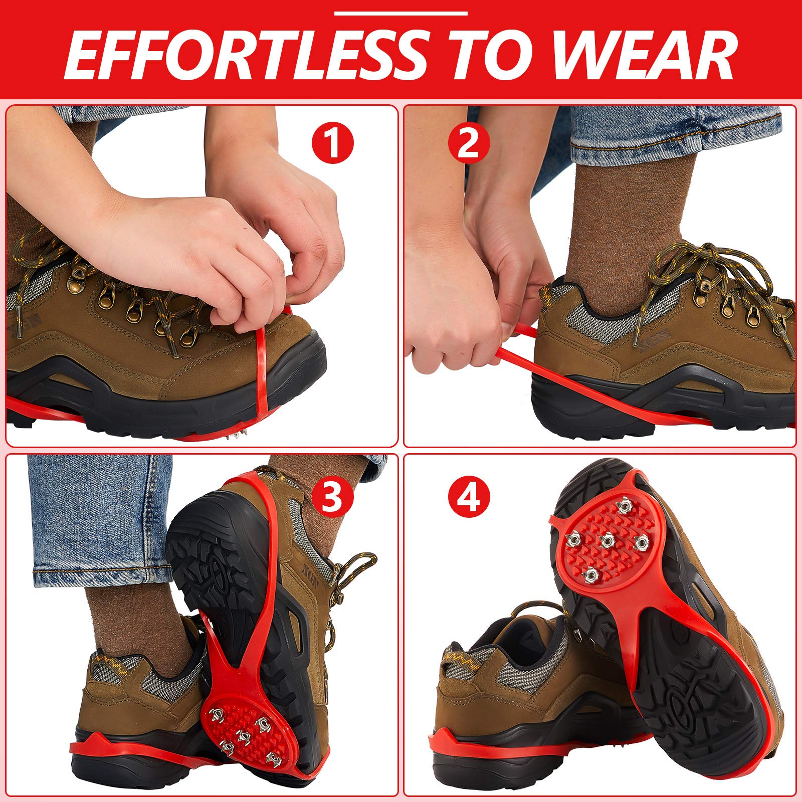 1 Pair Non Slip Gripper Spikes Claw Universal Ice Non Slip Shoe Spikes with 5 Tooth Steel Nails for Hiking Mountaineering Skiing Walking Shoes and Boots (Red)