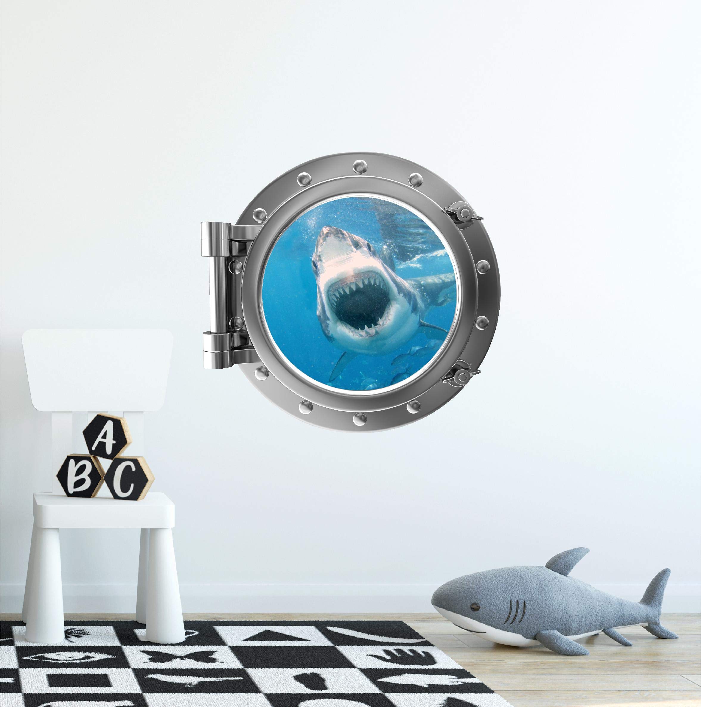 12" Port Scape Instant 3D Window Wall Sticker Great White Shark Attack Silver Porthole Wall Decal Ocean Under Water Sea Life Fish Kids Bedroom Playroom Wall Art Room Decor Removable Fabric Vinyl