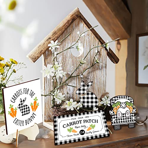 10 Pcs Easter Tiered Tray Decor- Carrot Bunny Wood Sign Decoration Rustic Farmhouse Easter Table Decor with 2 Pcs Small Stand for Home Kitchen Living Room, Dining Table, Easter Party Desk