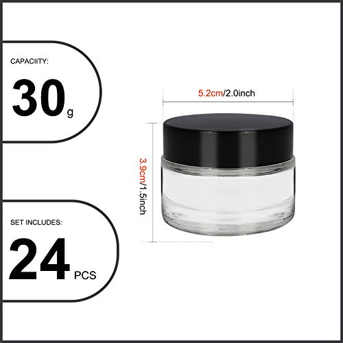 24 Pack 1oz Clear Round Glass Jars - Empty Cosmetic Containers with Inner Liners, black Lids and Glass Sample Jars with labels For Slime, Beauty Products, Cosmetic, Lotion,Powders and Ointments