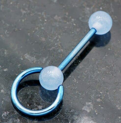 1 Pc Blue Titanium Anodized Barbell with Glow in The Dark Slave Tongue Ring 14g