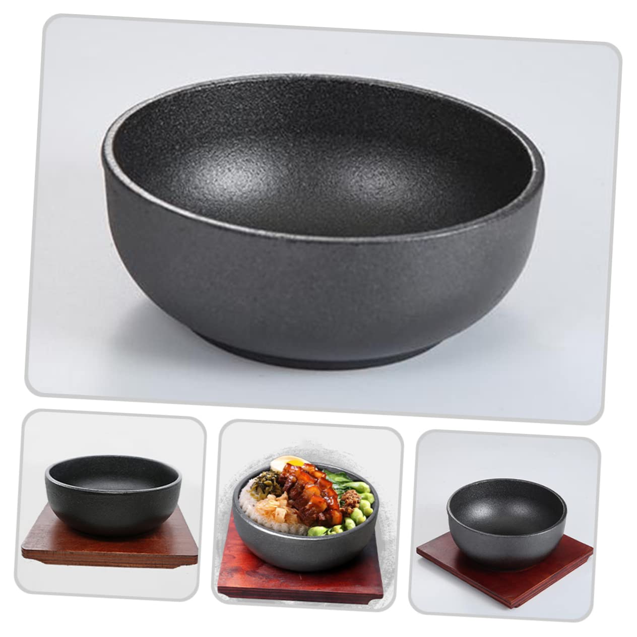 1 set Cooking Wood Cooker Food Cast Bibimbap Cookware Clay Casserole Sizzling Stew Tray Pot Stone Iron Rice Korean Household Soup Base with Bowl Style for Kitchen Induction Ramen