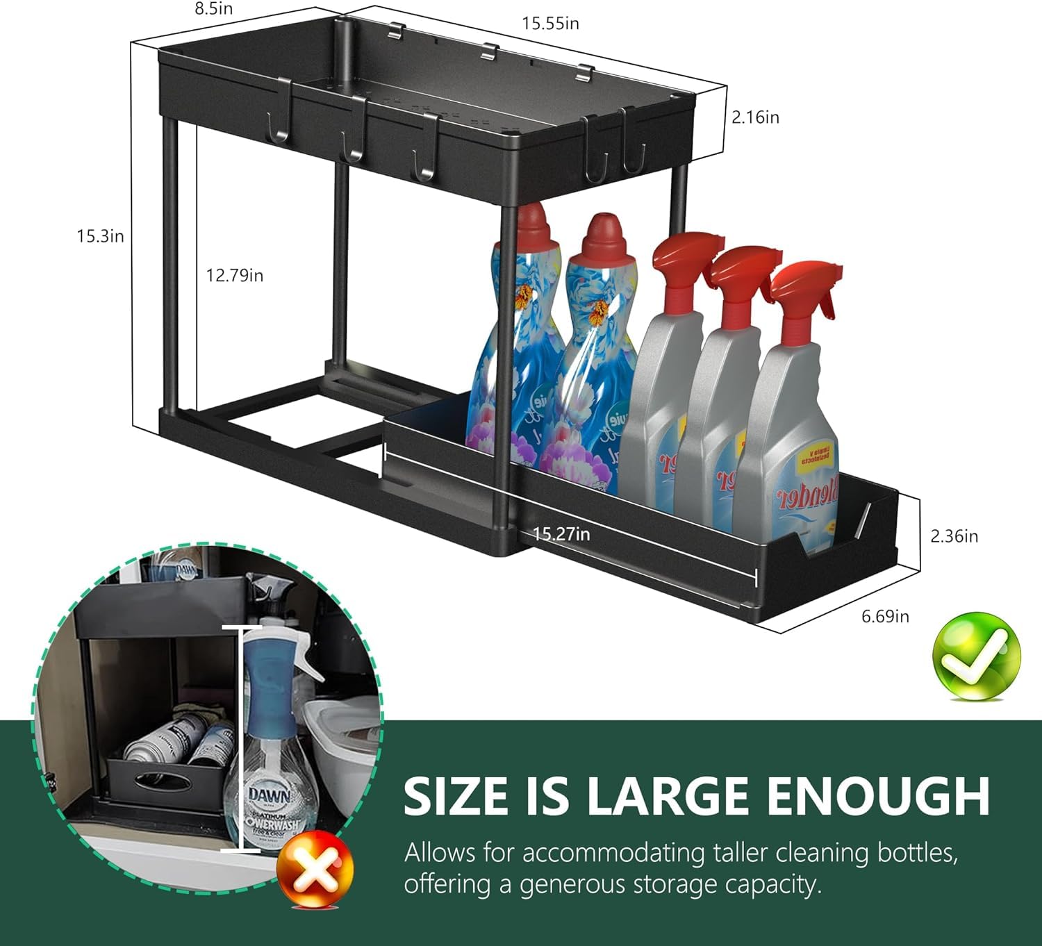 1 Pack Under Sink Organizers and Storage - 2 Tier Sliding Bathroom Cabinet Organizer with Hooks - Multi-Purpose Under The Sink Organizer Kitchen - Black
