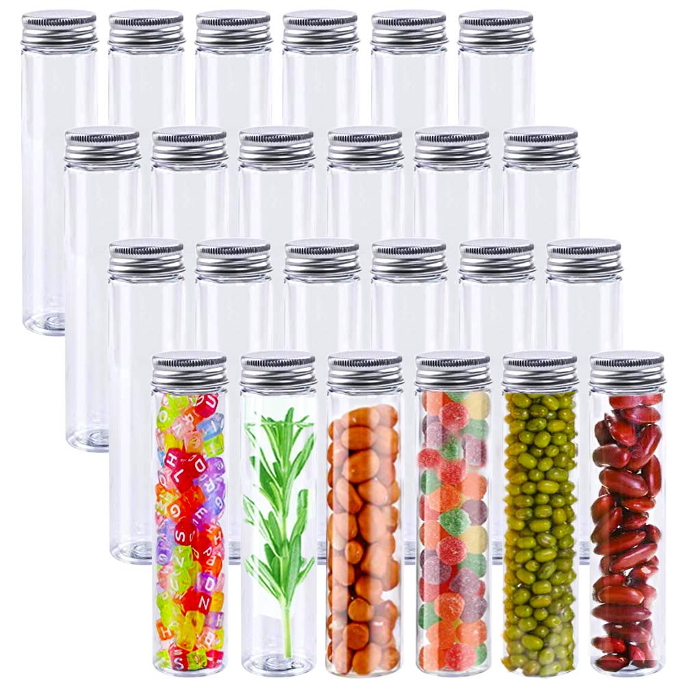 24 Pcs 50ml Flat-Bottomed Transparent Test Tube with Aluminum Screw Caps,Non-breakable Clear Plastic Organizer with Leak-proof Lids,Plastic Storage Tubes for Candy,Bath Salt,Granules and Liquids
