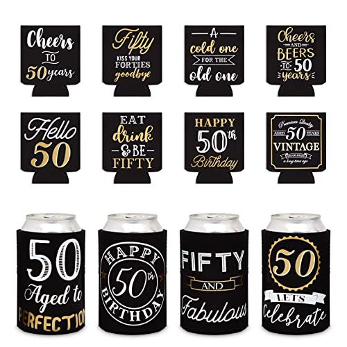 12-Pack 50 and Fabulous Birthday Decorations and Supplies for Women and Men, Black and Gold Insulated Neoprene Can Cooler Sleeve Party Favor for 12 oz Soda, Beer, Beverages (2.5x4 in)
