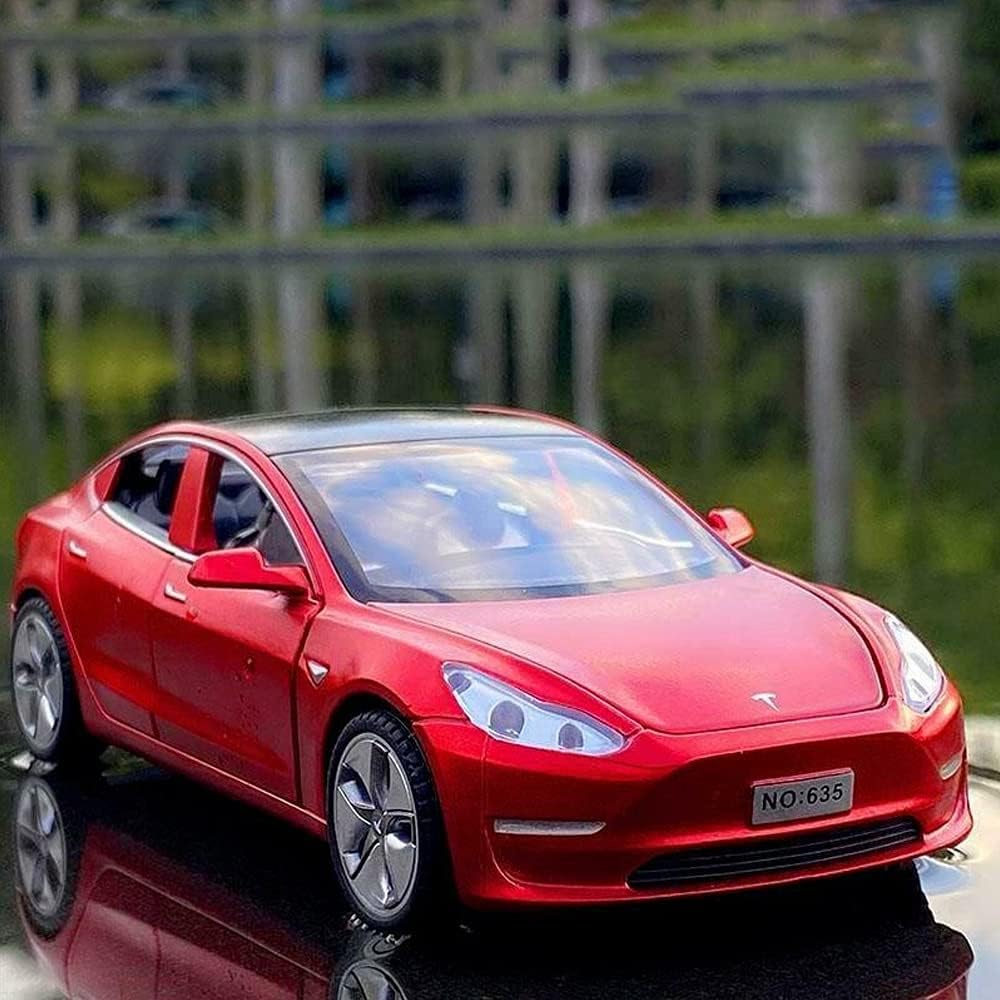 1:32 Scale Model 3 Car Toy Pull Back with Sound and Light, Alloy Diecast Mini Vehicles Toys for Kids Gift or Tesla Car Model Collection Enthusiasts Gift (Brilliant Red)
