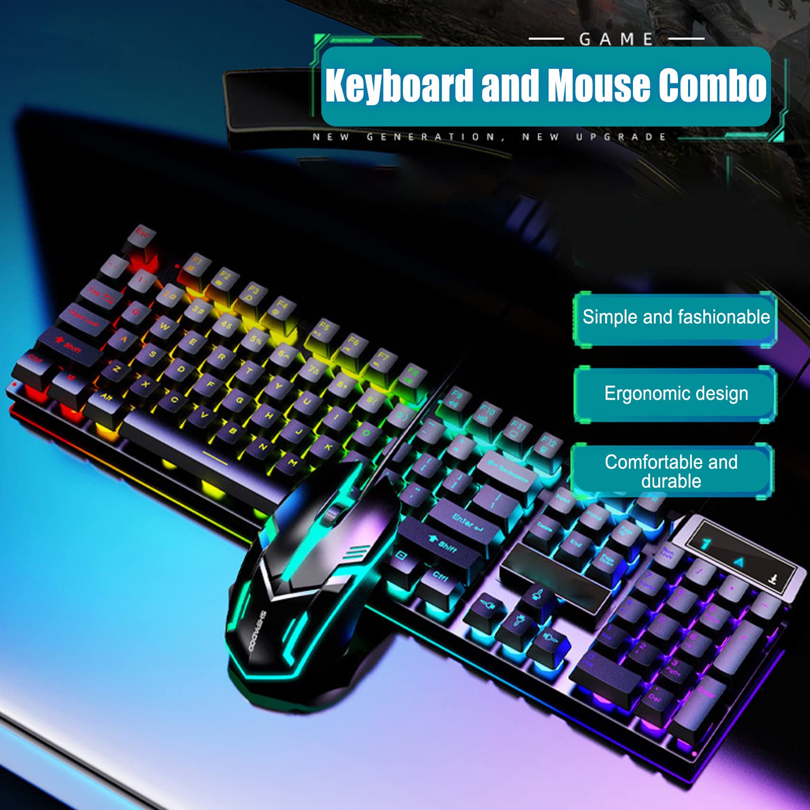 070 Gaming Keyboard and Mouse Combo Professional 104 Keys LED Backlit Ergonomic Waterproof Quick Response Gaming Mouse and Keyboard Set for Gaming Home Office (d500 Word Transparent Black Suit)