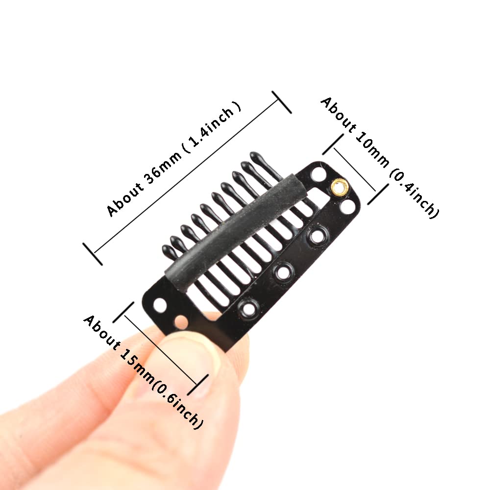 24 Pcs/lot Metal Snap Clips for Hair Extensions, Wigs, Hairpieces and Accessories - 36mm 10-teeth Combs (Black)