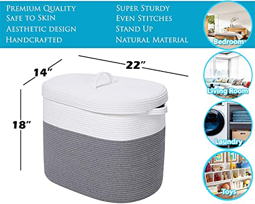 22”x14”x18” Rectangular Extra Large Storage Basket with Lid, Cotton Rope Storage Baskets, Laundry Hamper, Toy Bin, for Toys Blankets Storage in Living Room, Baby Nursery, Grey Basket with Lid