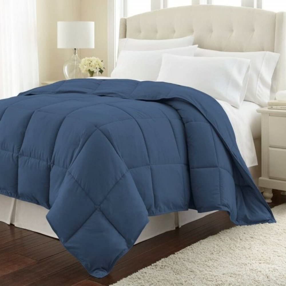 1 piece light Fluffy Comforter Twin / Twin XL size 110 GSM dark Blue brushed microfiber material | Aesthetic Bedding Geometrical Box Stitched Block pattern squared extra soft plush Bedroom aqua navy