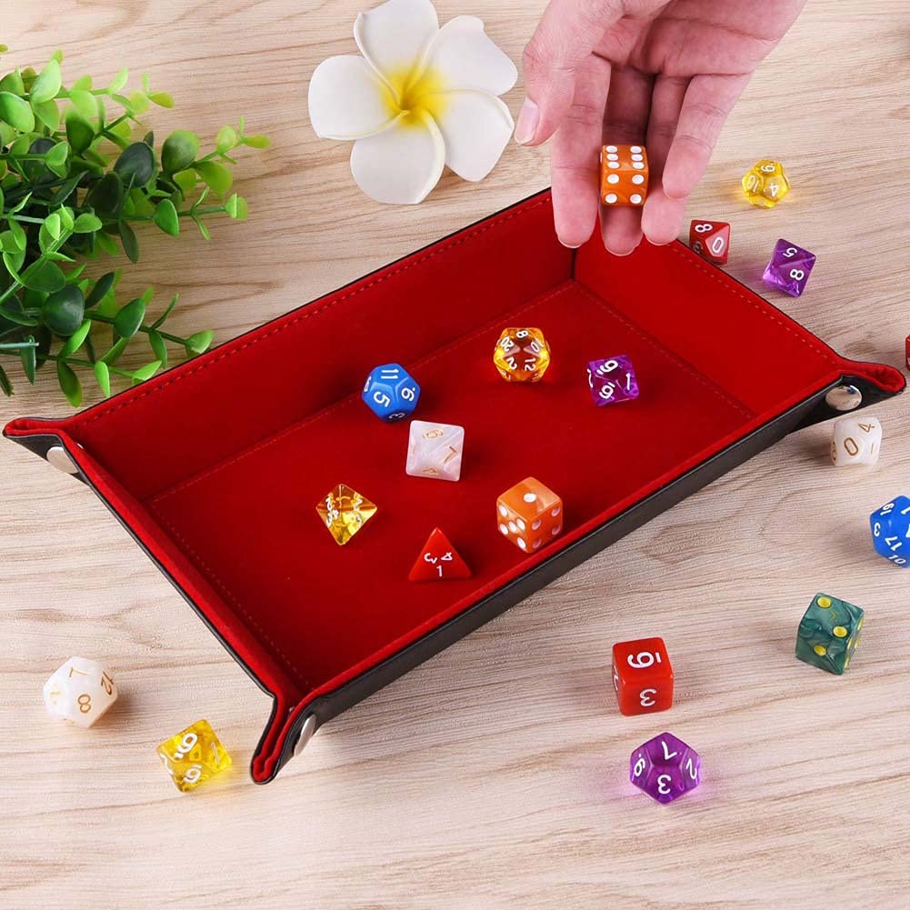 1 Piece Dice Holder Dice Pad Dice Rolling Tray PU Leather Dice Tray Rectangle Folding Dice Tray for Dice Gaming and Other Table Games, Red