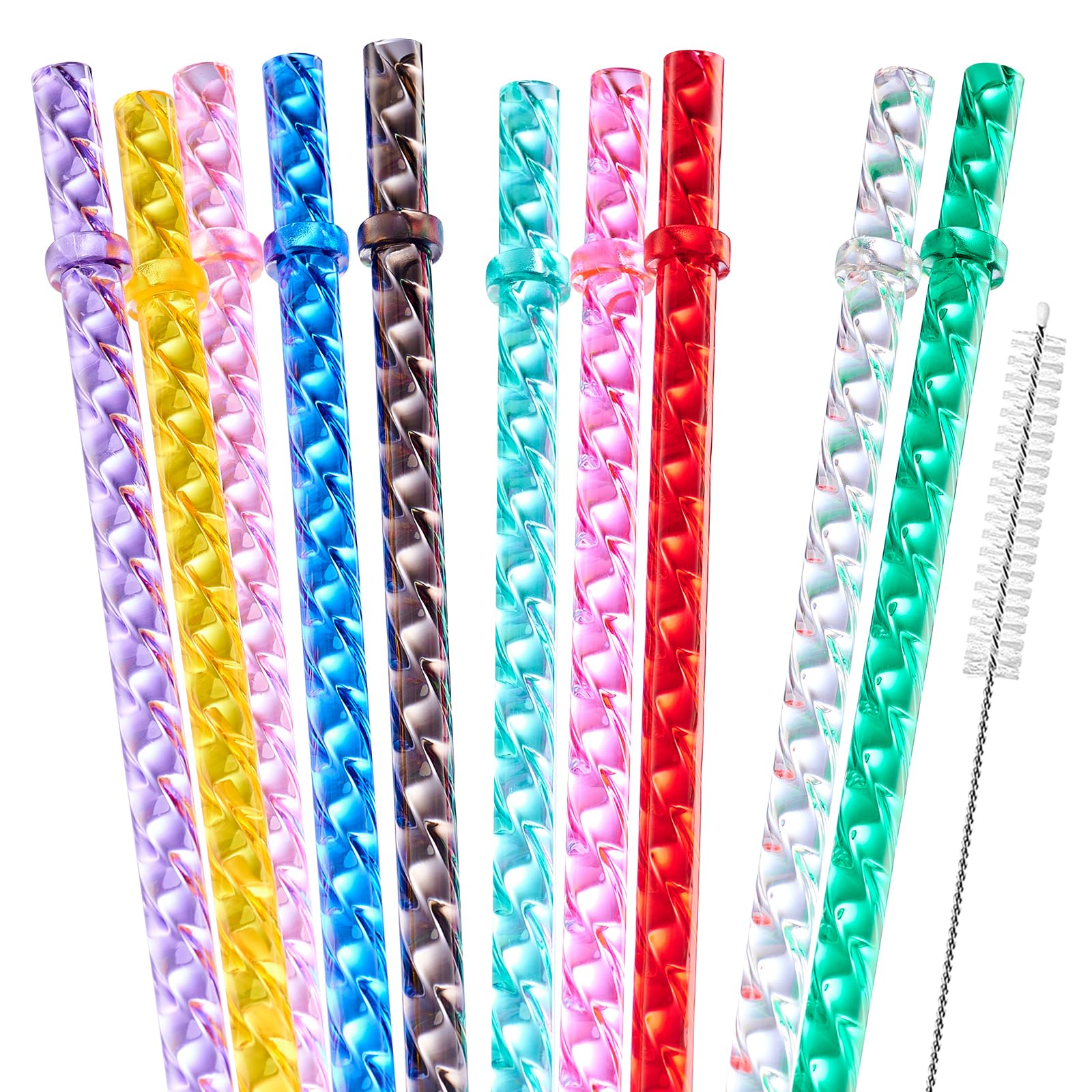 10 Pack Swirl Straws for Starbucks Tumbler, Reusable 11" Long Hard Plastic Shiny Crystal Tumbler Replacement Drinking Straws For 16 OZ 20 OZ 30 OZ Stanley, Yeti Tumblers With Cleaning Brush