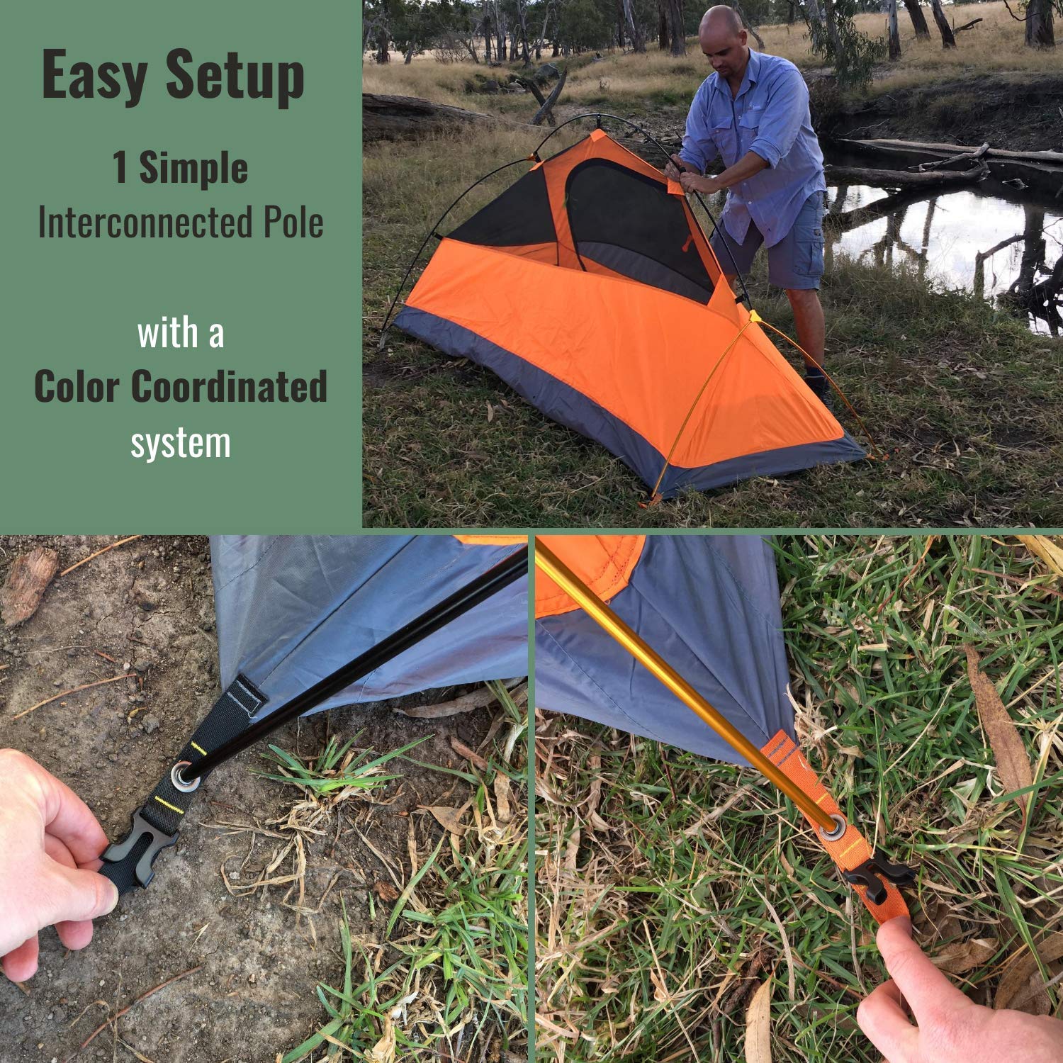 1 Person Lightweight Backpacking Tent with Stakes & Guys 3-4 Season Free Standing Camping Hiking Waterproof Backpack Tent