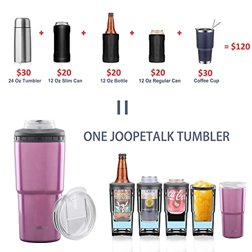 5 In 1 Freezable Can Cooler, Insulated Stainless Steel 24 oz Tumbler with Freezable Drink Can Cooler for all 12 oz Slim Can,Regular Can,Beer Bottle & All Drinks(Pink)