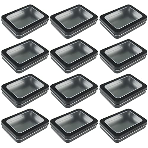 12 Pack Empty Rectangular Metal Storage Organizer Tins with Clear Window Hinged Lids for Small Items and Other Craft Projects, 4.5 x 3.3 x 0.9 inch (Black)