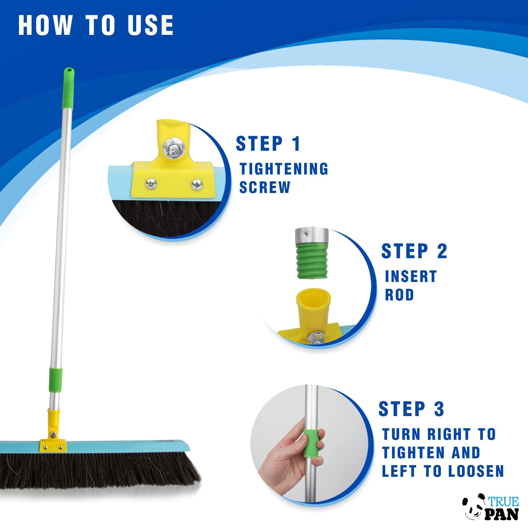 100% Natural Horsehair Broom. Light & Easy Sweeping. 2 feet Wide, Swiveling Broom Head. Aluminum Rod. Cleans Floors Quickly! Weighs Only 1Lb!