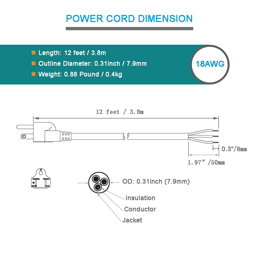 12FT 18AWG Power Cord Pigtail 3 Prong Open Wiring End Heavy Duty SJT Replacement Power Cord Cable NEMA 5-15P Male Plug, Power Cable 10A, 1200W at 120VAC