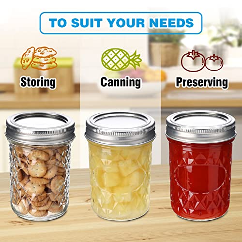 12 Pack Mason Jars 8 oz with Airtight Lids, Glass Regular Mouth Canning Jars, Small Quilted Crystal Jars for Jelly, Jam, Overnight Oats, Meal Prep