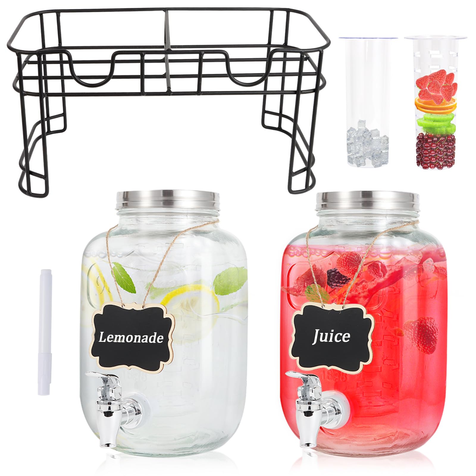 1 Gallon Glass Drink Dispensers For Parties-Set of 2,Drink Dispenser with Ice Core,Fruit Infuser & Stand,Juice or Beverage Dispenser for BBQ, Picnic, Party,Laundry Detergent Dispenser