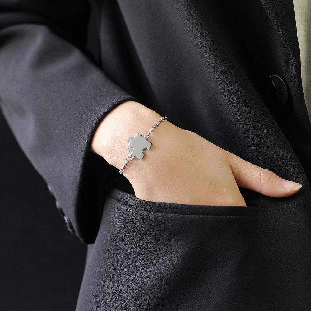 1 Pair Puzzle Piece Bracelets Matching Couples Stainless Steel CZ Crystals Stacking Adjustable Simple Link Dainty Charm Hypoallergenic for Him And Her Valentine's Day Fashion Gifts