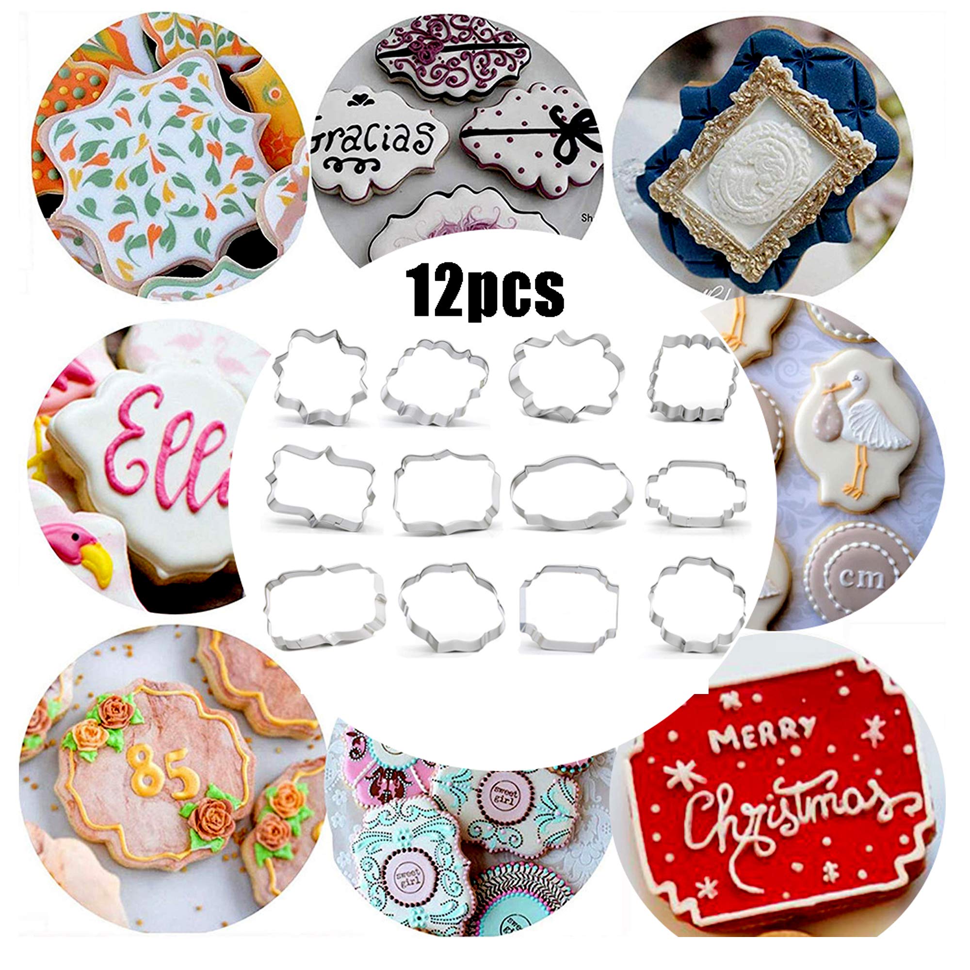 12PCS Frame Cookie Cutter Plaque Cookie Cutters Stainless Steel Different Frames Fondant Cutter Molds Frames Fondant Cookie Cutter for Birthday Party Decorations
