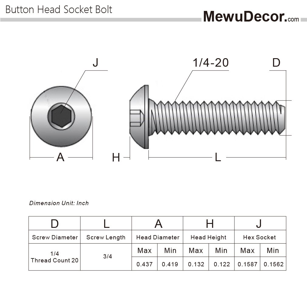 1/4-20 x 3/4" Button Head Socket Cap Screws, Allen Socket Drive, Black Oxide, Alloy Steel Class 10.9, Fully Threaded, Machine Thread, 25 PCS