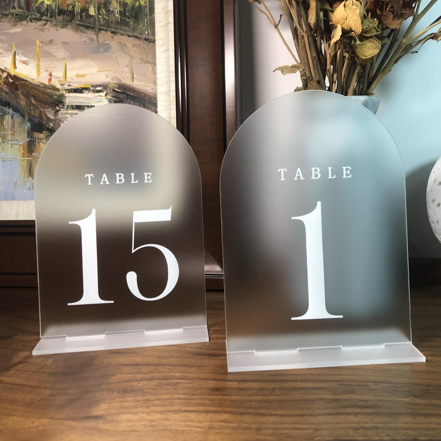1-15 Wedding Table Numbers, Frosted Arch Wedding Table Numbers with Stands, 5x7Inch Acrylic Signs and Holders, Perfect for Wedding Table Centerpiece Decoration, Reception, Party, Anniversary, Event