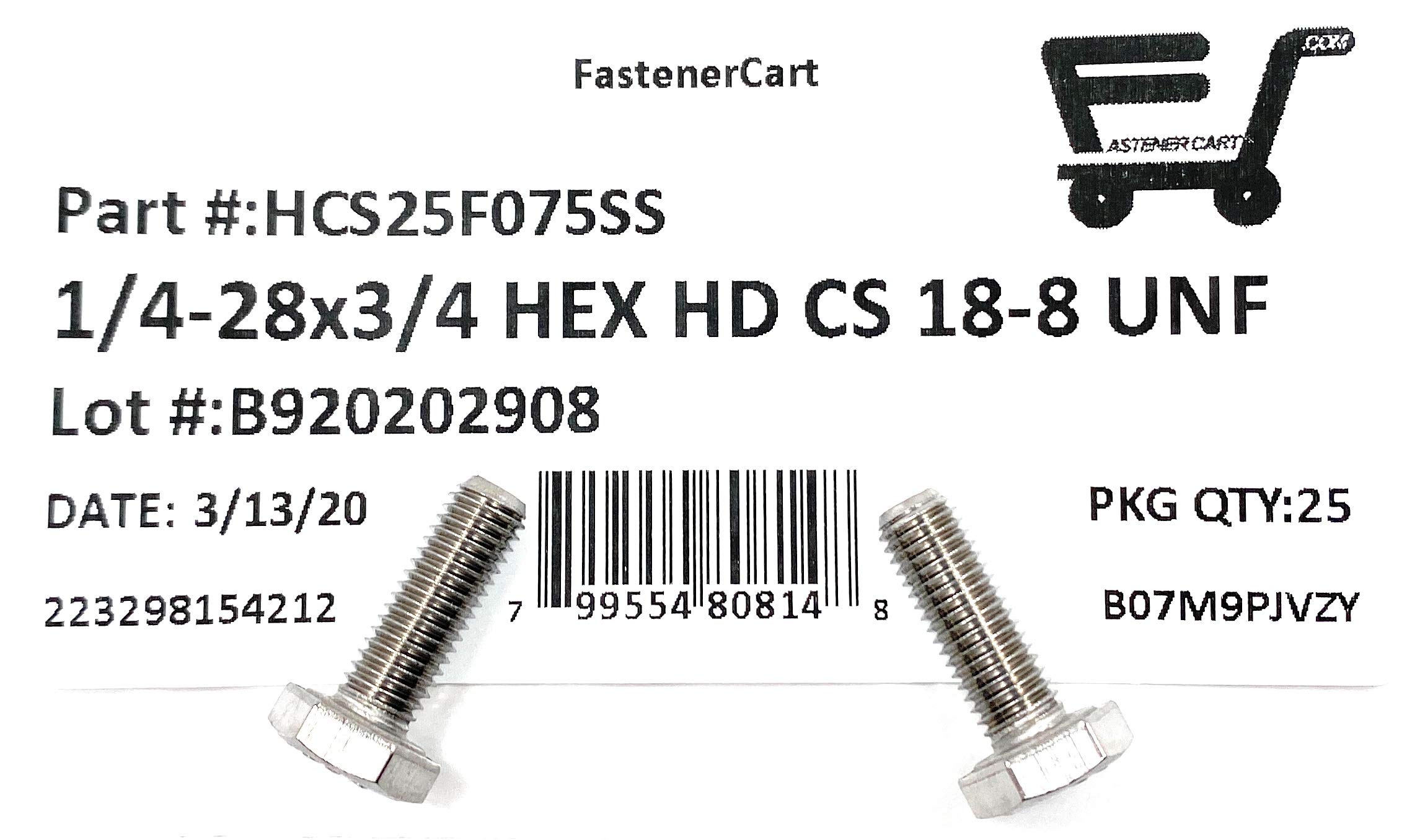 1/4-28x3/4 Stainless Steel Hex Cap Screws FT Hex Bolts 18-8 (UNF) FINE THREAD (25 pcs)