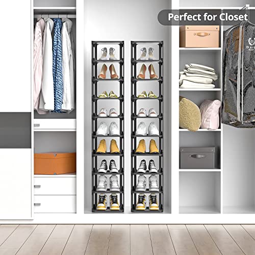 10 Tier Vertical Skinny Shoe Rack - Space Saving Corner Shoe Tower, Plastic Tall Thin Shoes Storage Organizer for Entryway and Closet, Free Standing Shoe Shelf in Black, Modular Set No-Tool Assembly