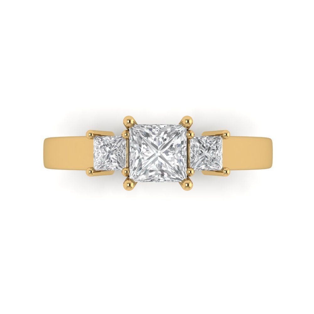 1.11 Ct Brilliant Princess Cut Clear Simulated Diamond 14K Yellow Gold Three Stone Engagement Promise Bridal Ring Size 3.5