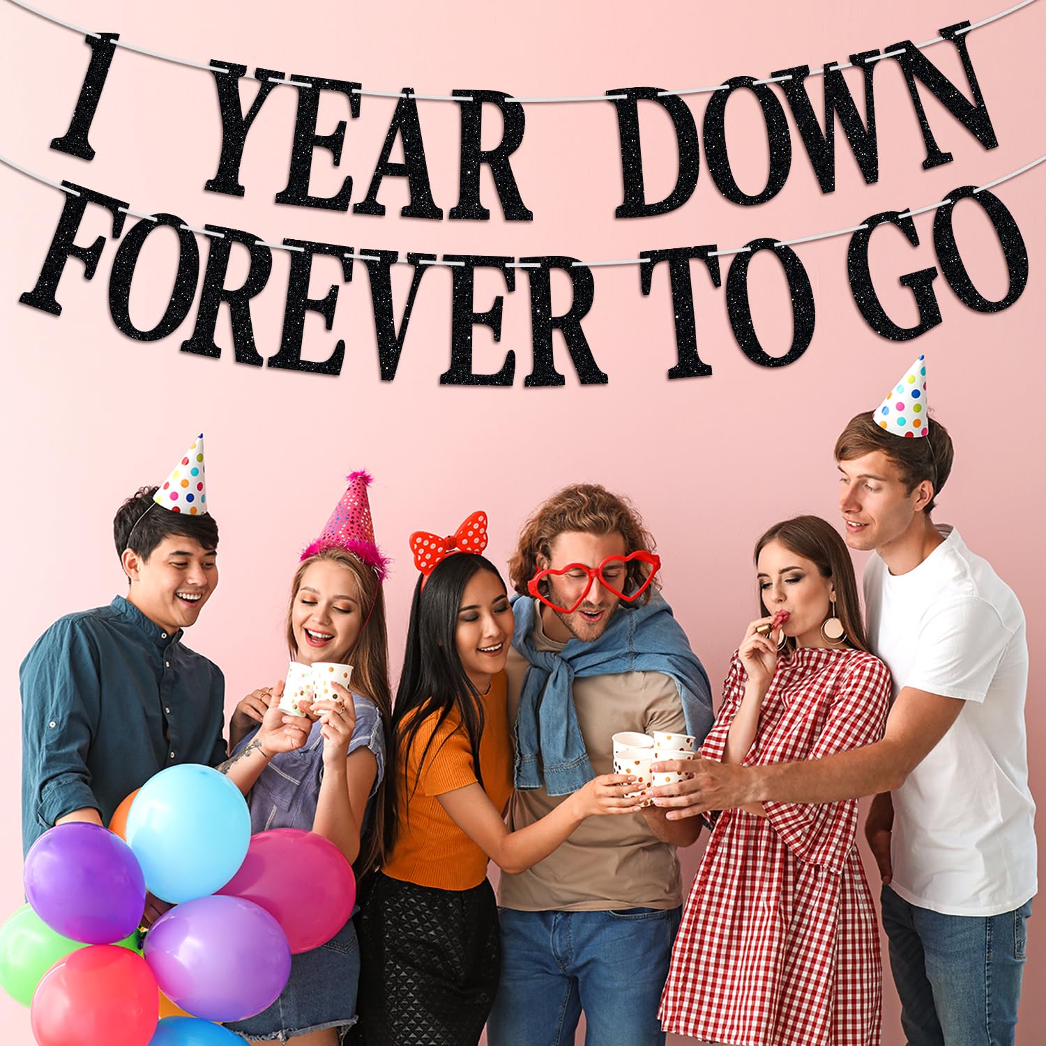 1 Year Down Forever to Go Banner, 1 Year of Marriage Gift, Happy 1st Wedding Anniversary Party Decoration Supplies, Black Glitter