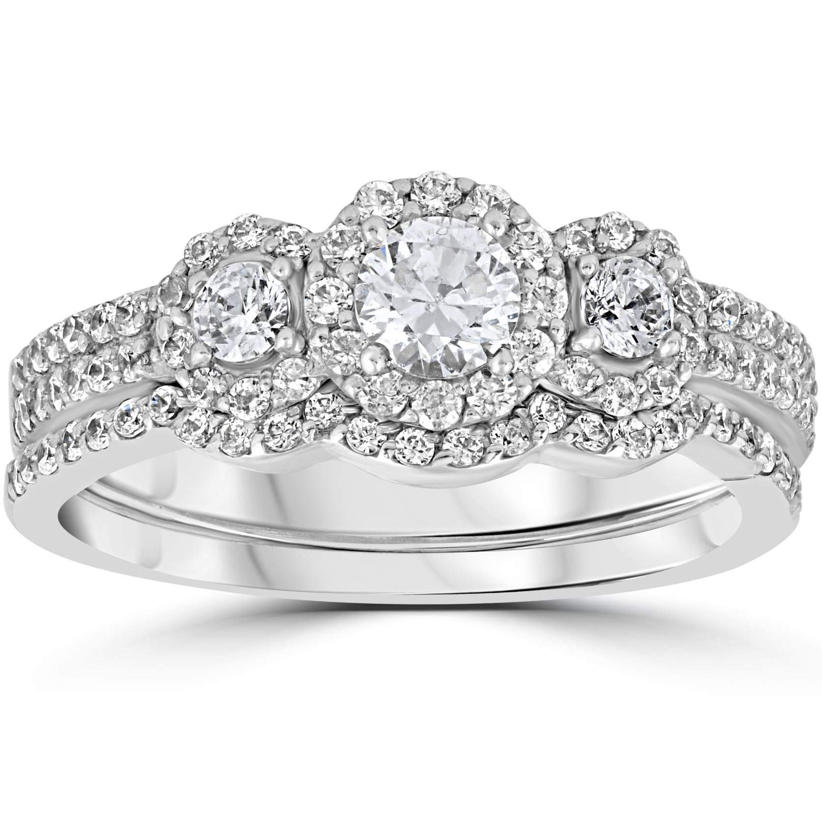 1.00CT 3-Stone Diamond Engagement Wedding Ring Set 10K White Gold - Size 8