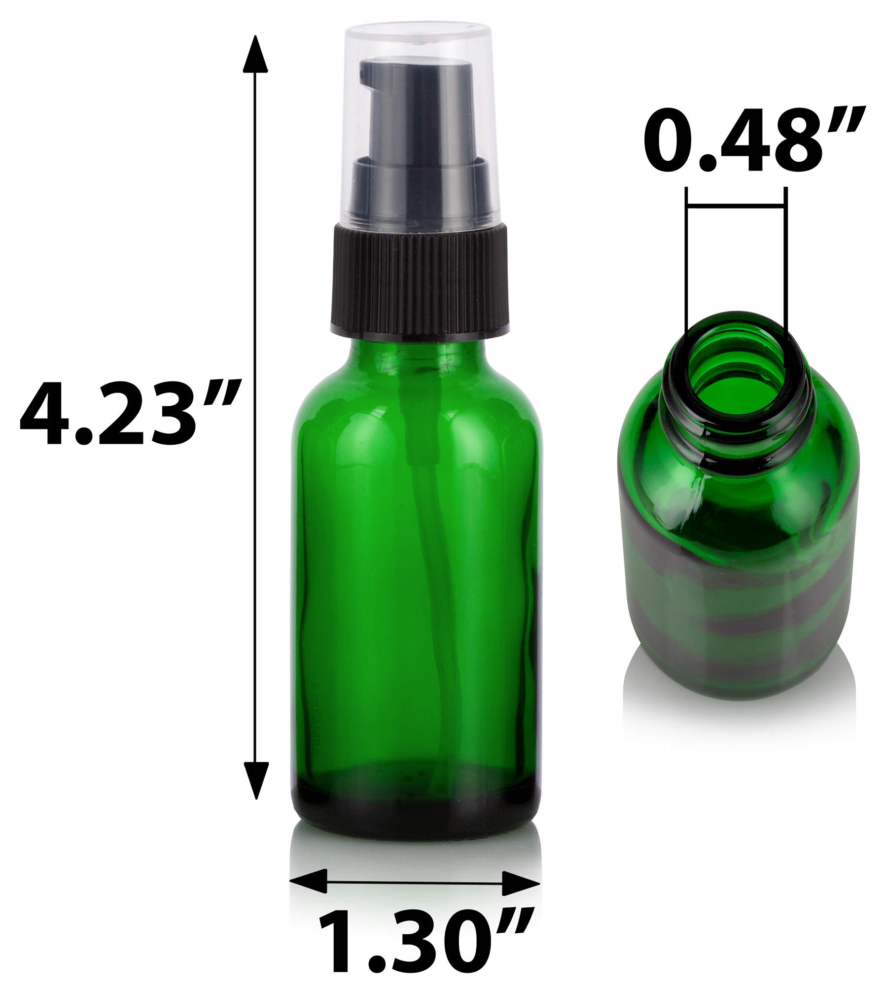 1 oz / 30 ml Green Glass Boston Round Bottle with Black Treatment Pump (12 Pack) + Clear Travel Bag and Funnel