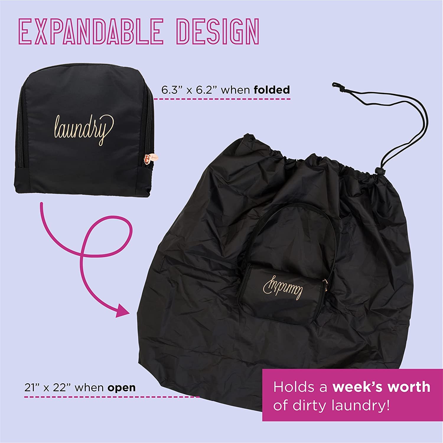 MIAMICA Foldable Travel Laundry Bag, Navy Multi Colored, Wash, Dry, Fold, Repeat, 21β x 22β β Lightweight, Durable Design with Drawstring Closure