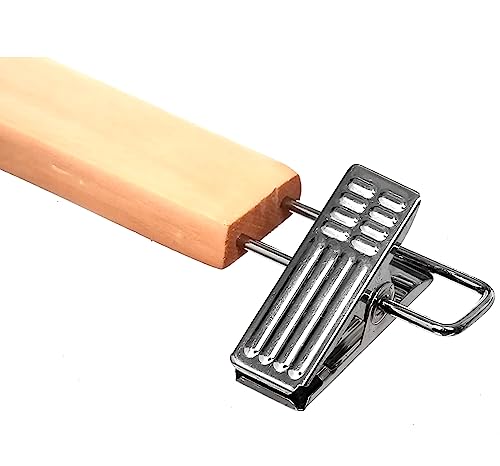 10 PACK Wooden Skirt Hangers with Clips - Smooth Finish Solid Wood Pants Hangers with clips - Natural Wood Color - Clip Hanger for Pant, Skirts, Slacks