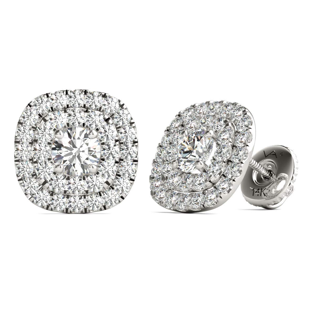 1.00 Ctw EF/SI2-I1 AGS Certified 14K White Gold Natural Diamonds Double Halo Earrings Screw Backs