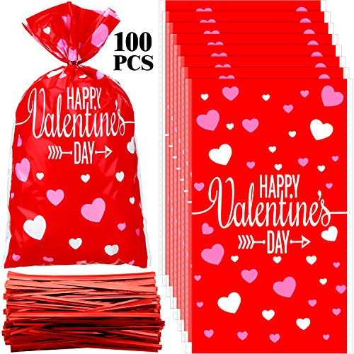 100 Pieces Valentine Cellophane Bags Heart Shaped Red Treat Bags Happy Valentine's Day Bags with Twist Ties for Candy, Wedding Party Favors
