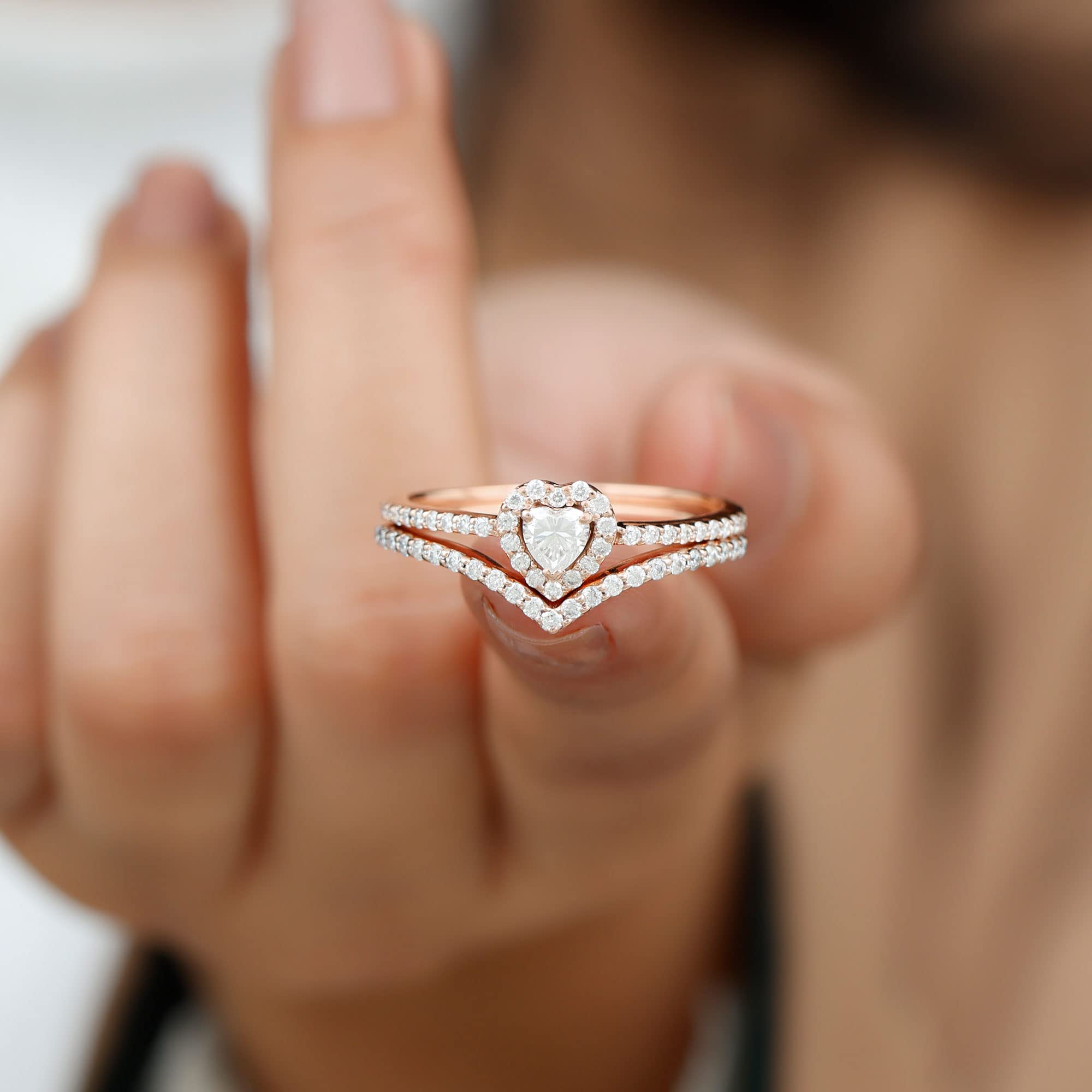 1.25 CT Moissanite Bridal Ring Set, D-VS1 Quality, Heart Shape Moissanite Wedding Ring Set, 14K Rose Gold, Size:US 10.00