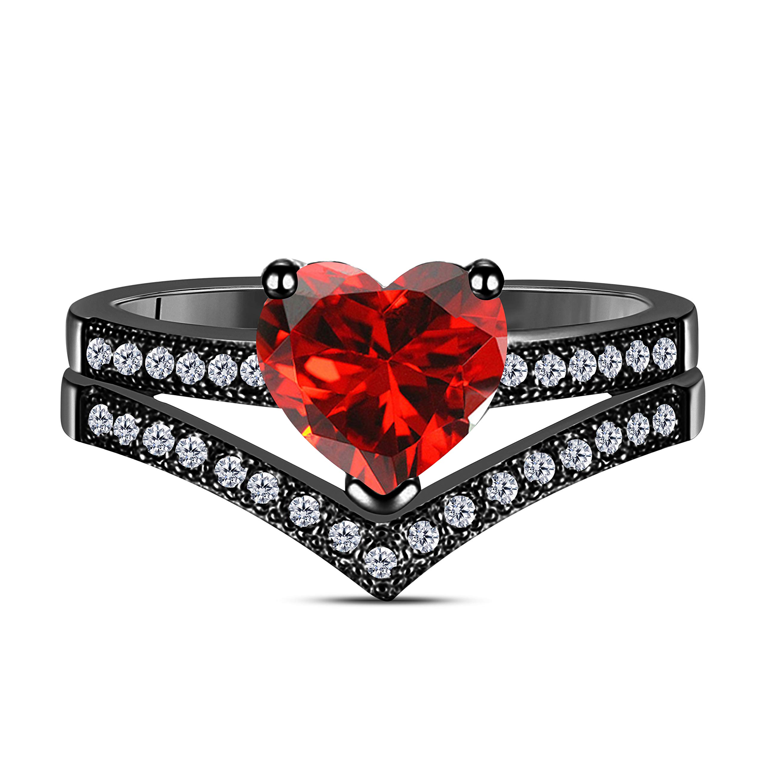 1.00ct Heart Shape CZ Red Garnet 14k Black Gold Plated Split Shank Wedding Engagement Promise Rings for Her